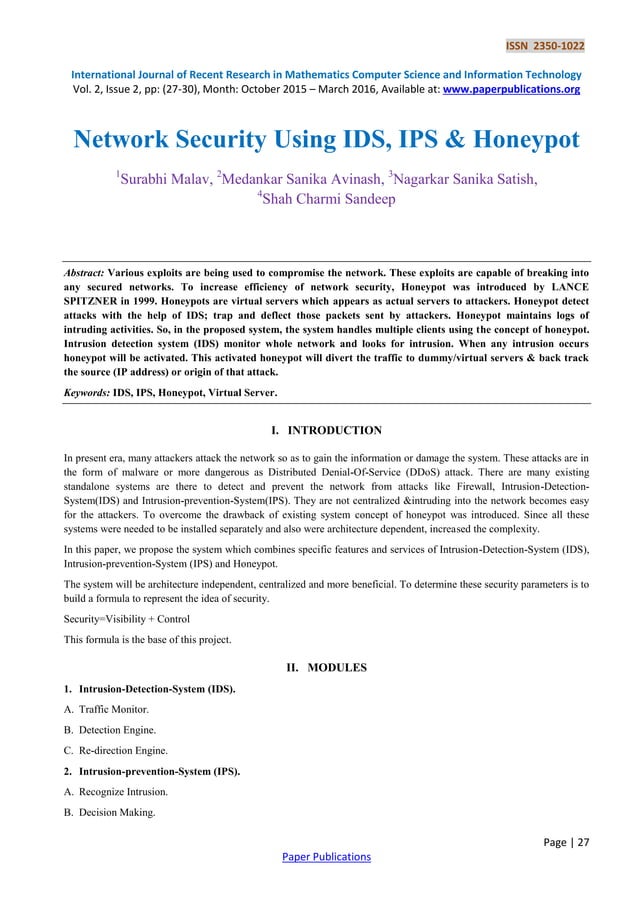 Network Security Using IDS, IPS & Honeypot | PDF | Internet | Computing