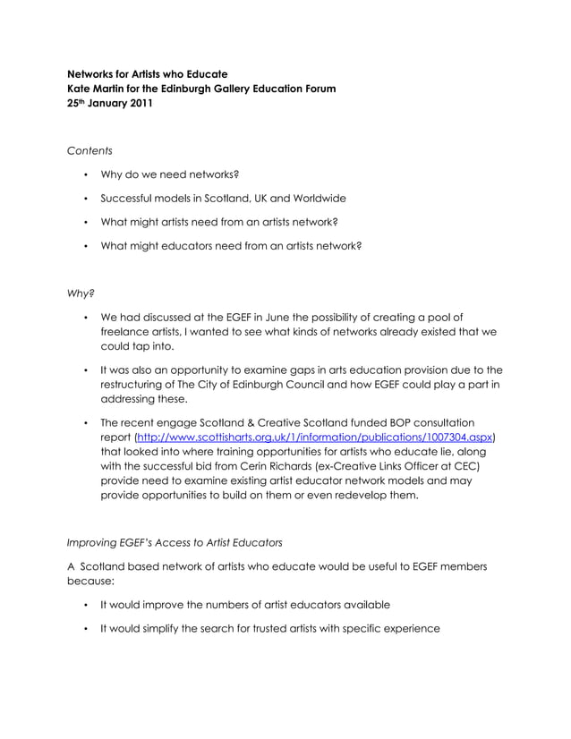 Networks for Artists Who Educate - Accompanying Notes | PDF