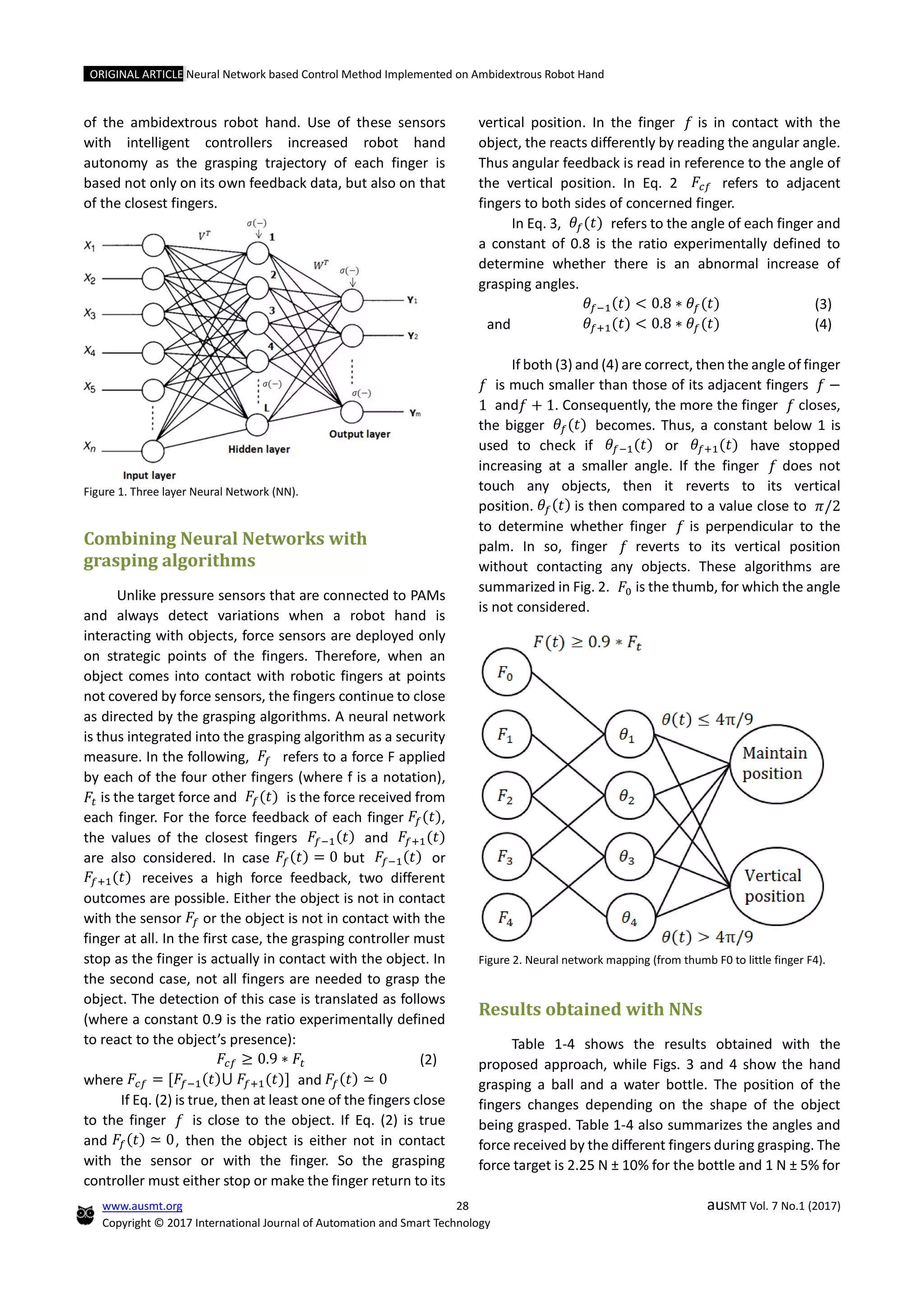 Neural Network based Control Method Implemented on Ambidextrous Robot Hand | PDF