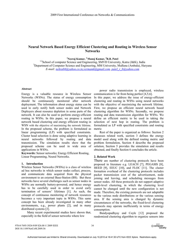 Neural network based energy efficient clustering and routing | PDF | Internet of Things | Internet