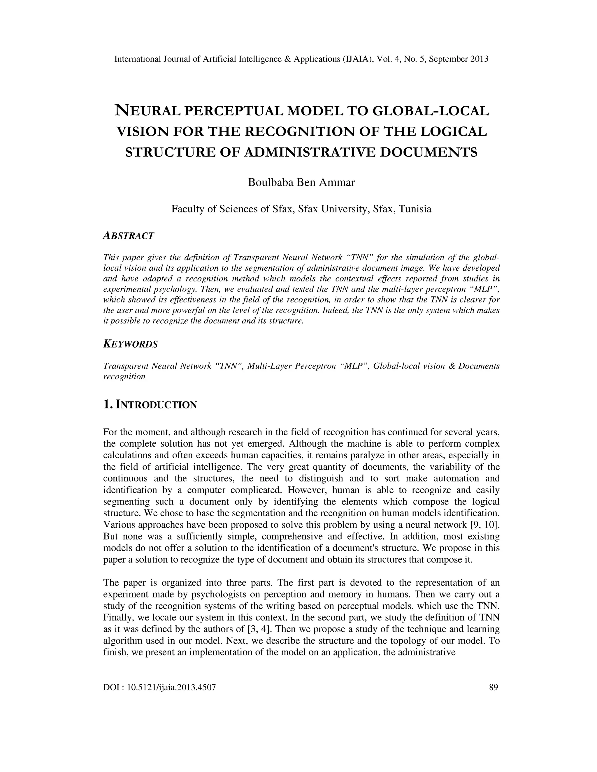 Neural perceptual model to global local vision for the recognition of the logical structure of ...