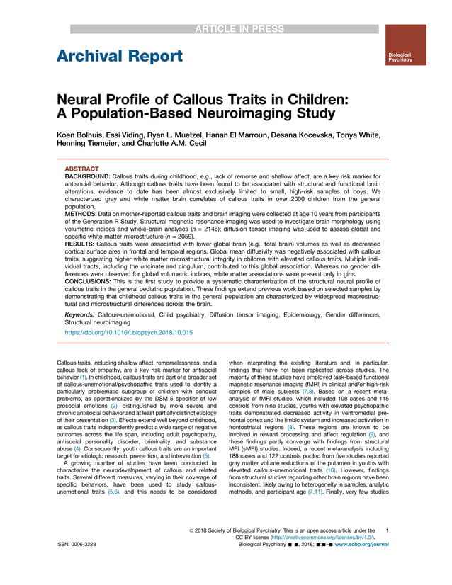 Neural profile of callous traits in children a population-based ...