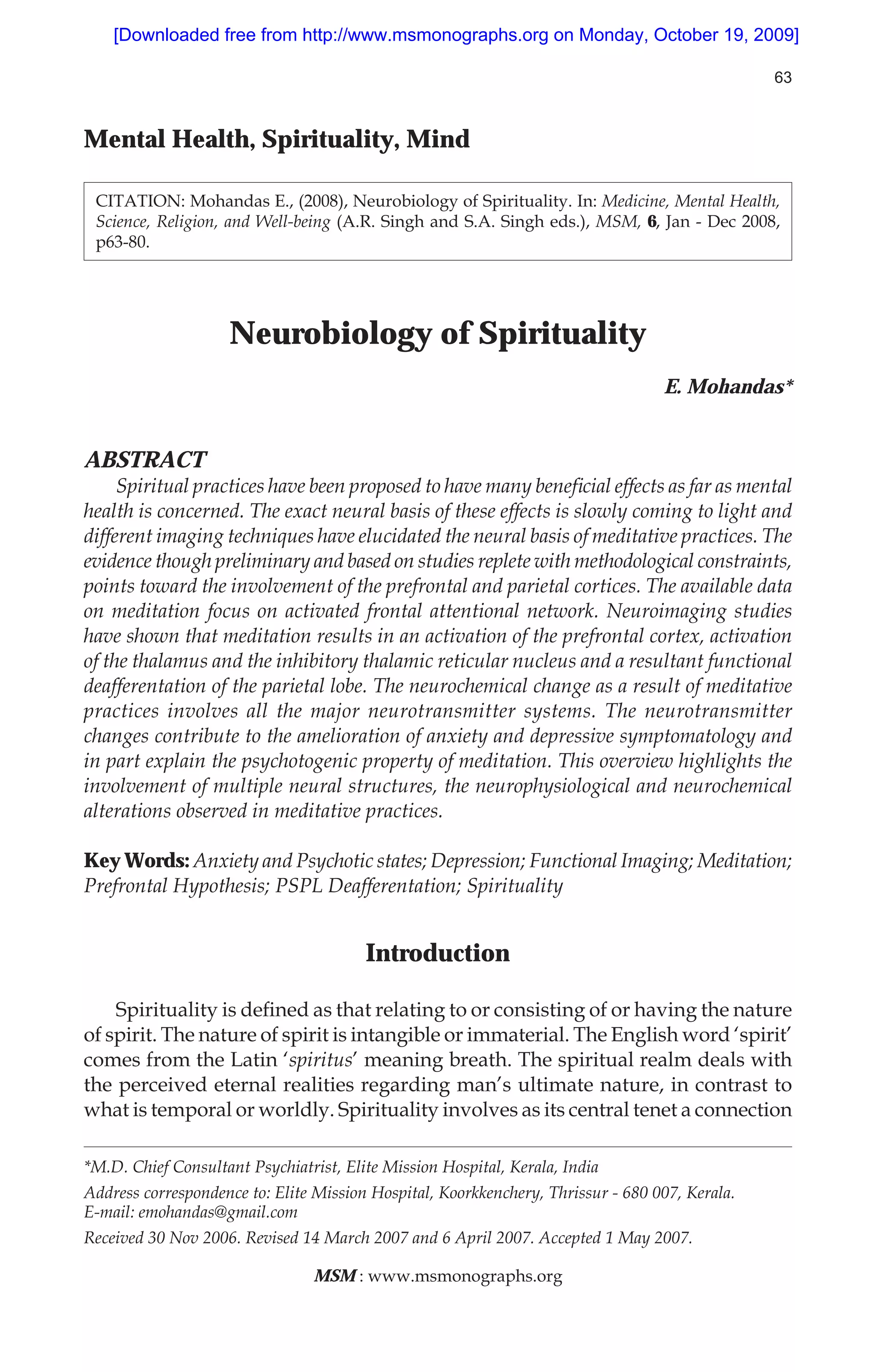 Neurobiology of spirituality (mohandas 2008) | PDF