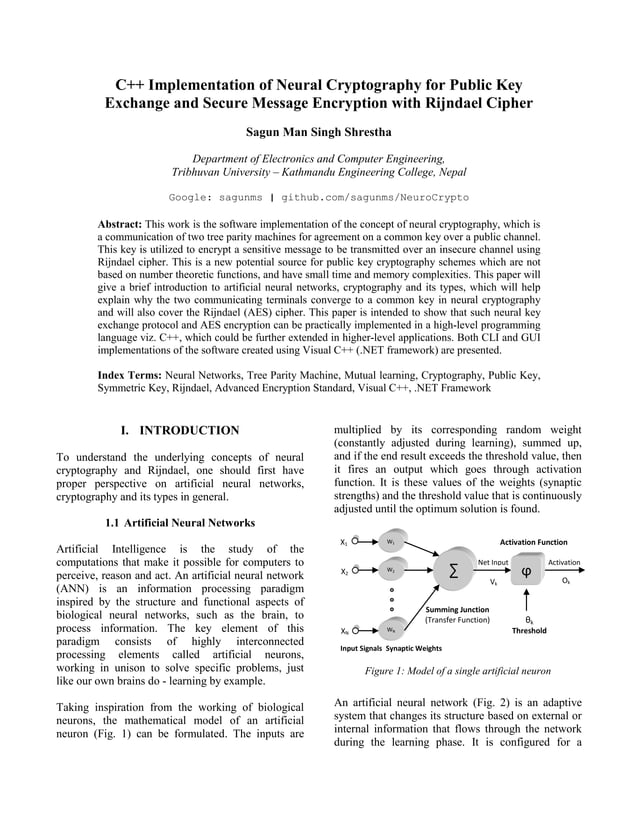 NeuroCrypto: C++ Implementation of Neural Cryptography with Rijndael Cipher | PDF