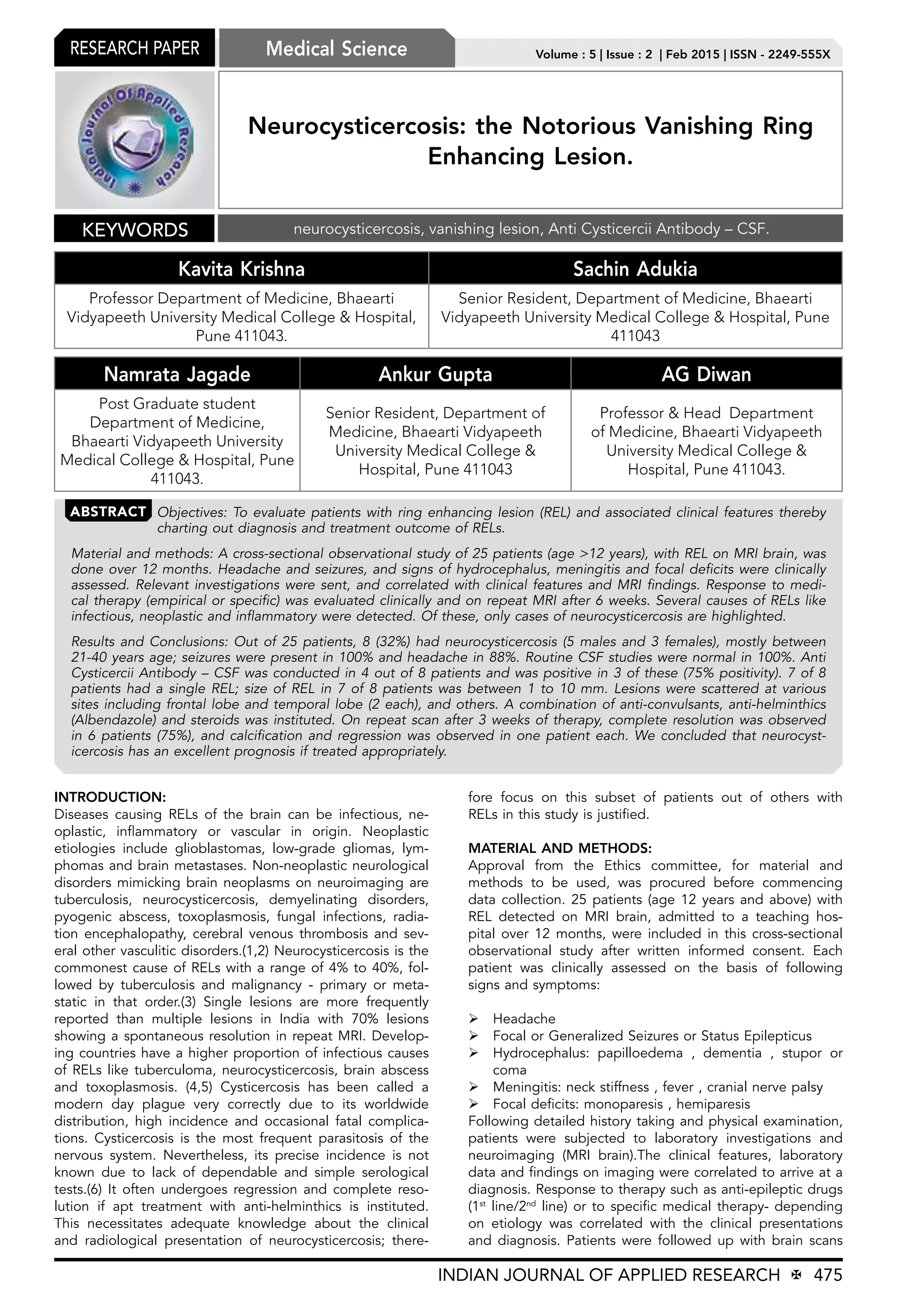 Neurocysticercosis the notorious vanishing ring enhancing lesion ijar feb 2015 | PDF