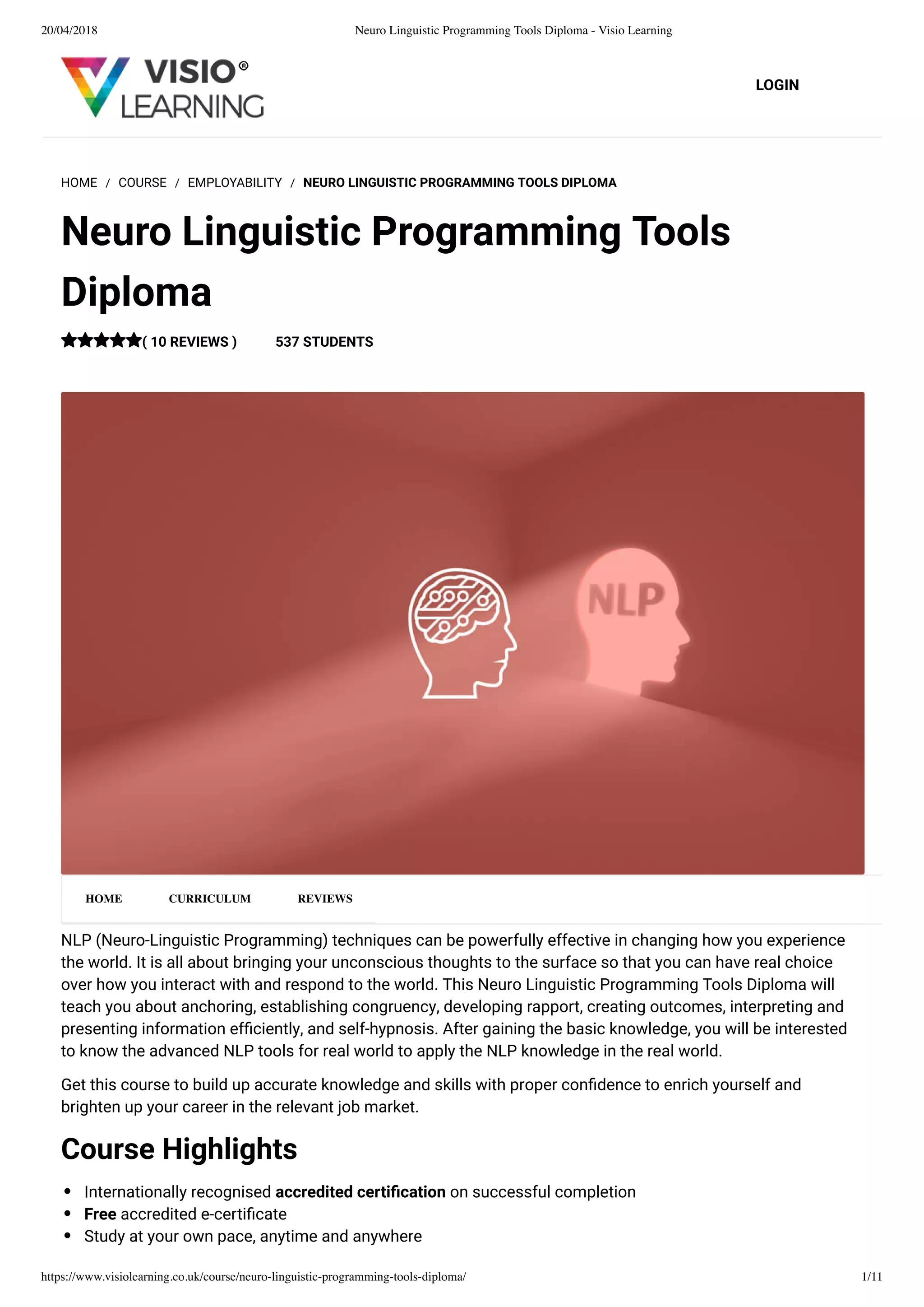 Neuro linguistic programming tools diploma -Visio Learning | PDF