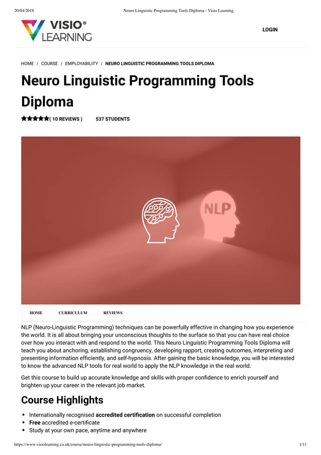 Neuro linguistic programming tools diploma -Visio Learning | PDF