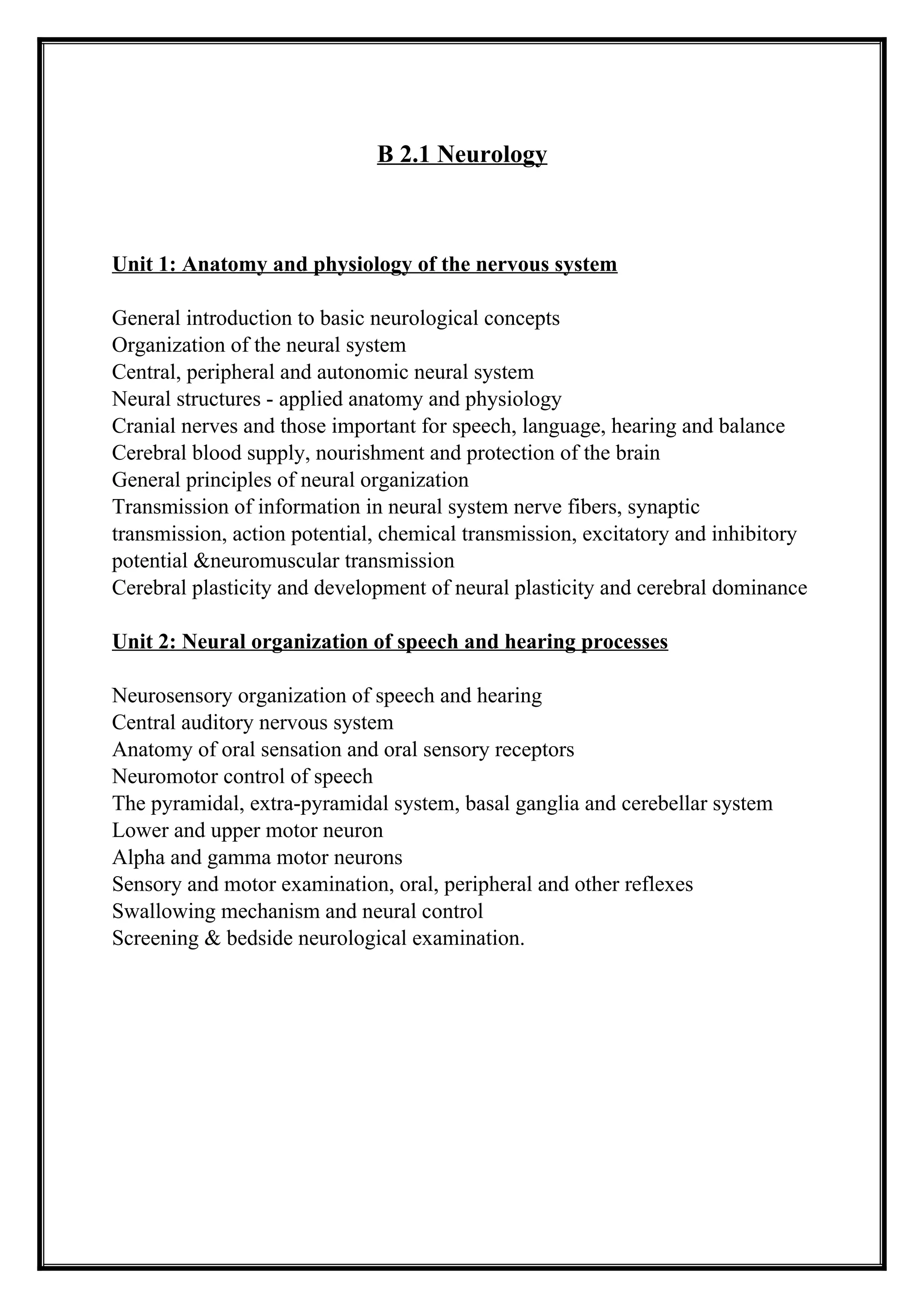 Neurology. 1.2 year.semester subject unit 1 | DOCX