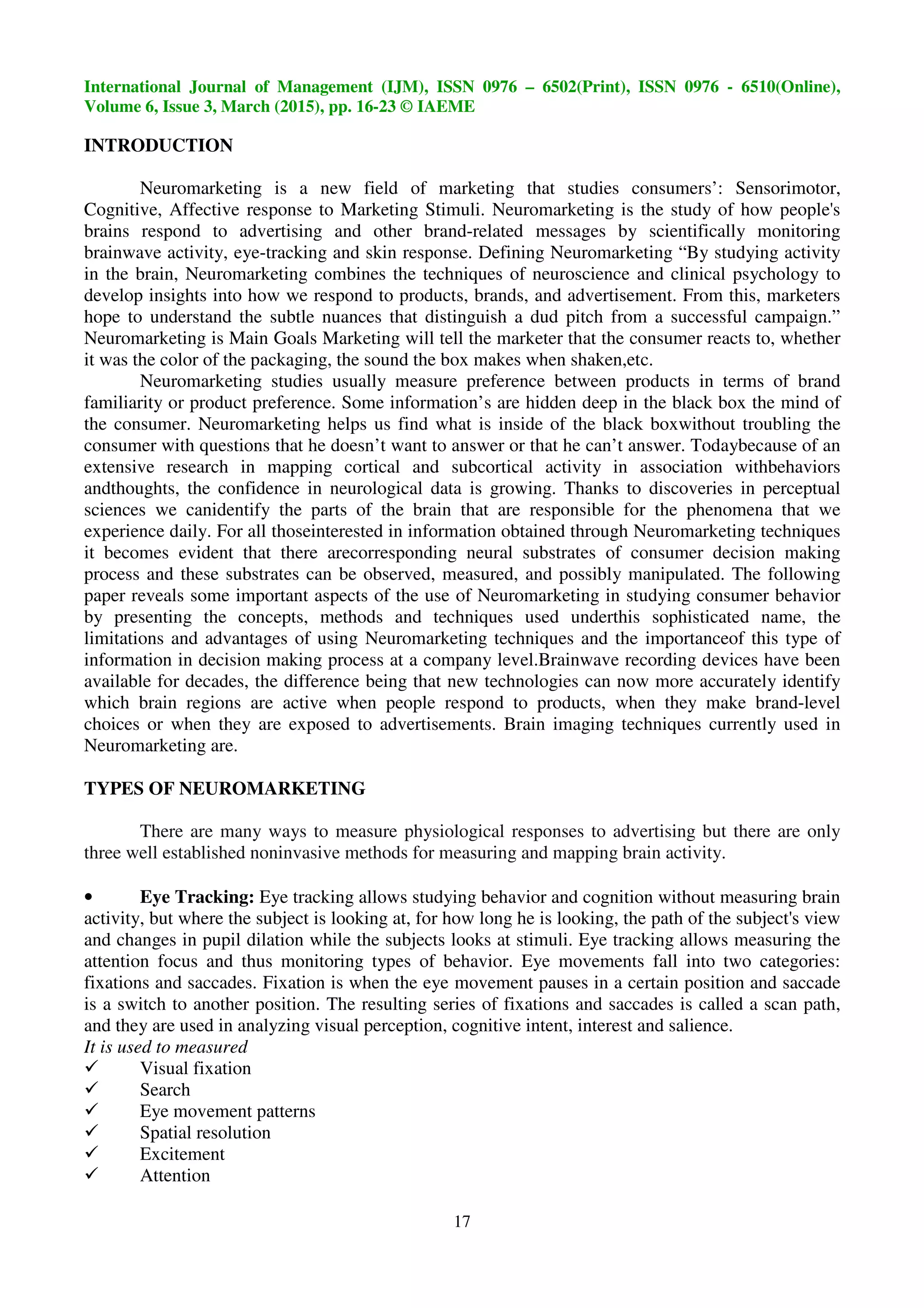 Neuromarketing exploring the brain for measuring consumer behavior | PDF