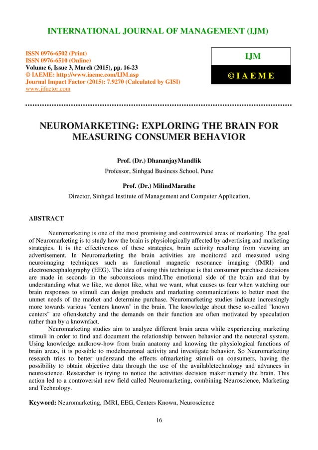 Neuromarketing exploring the brain for measuring consumer behavior | PDF