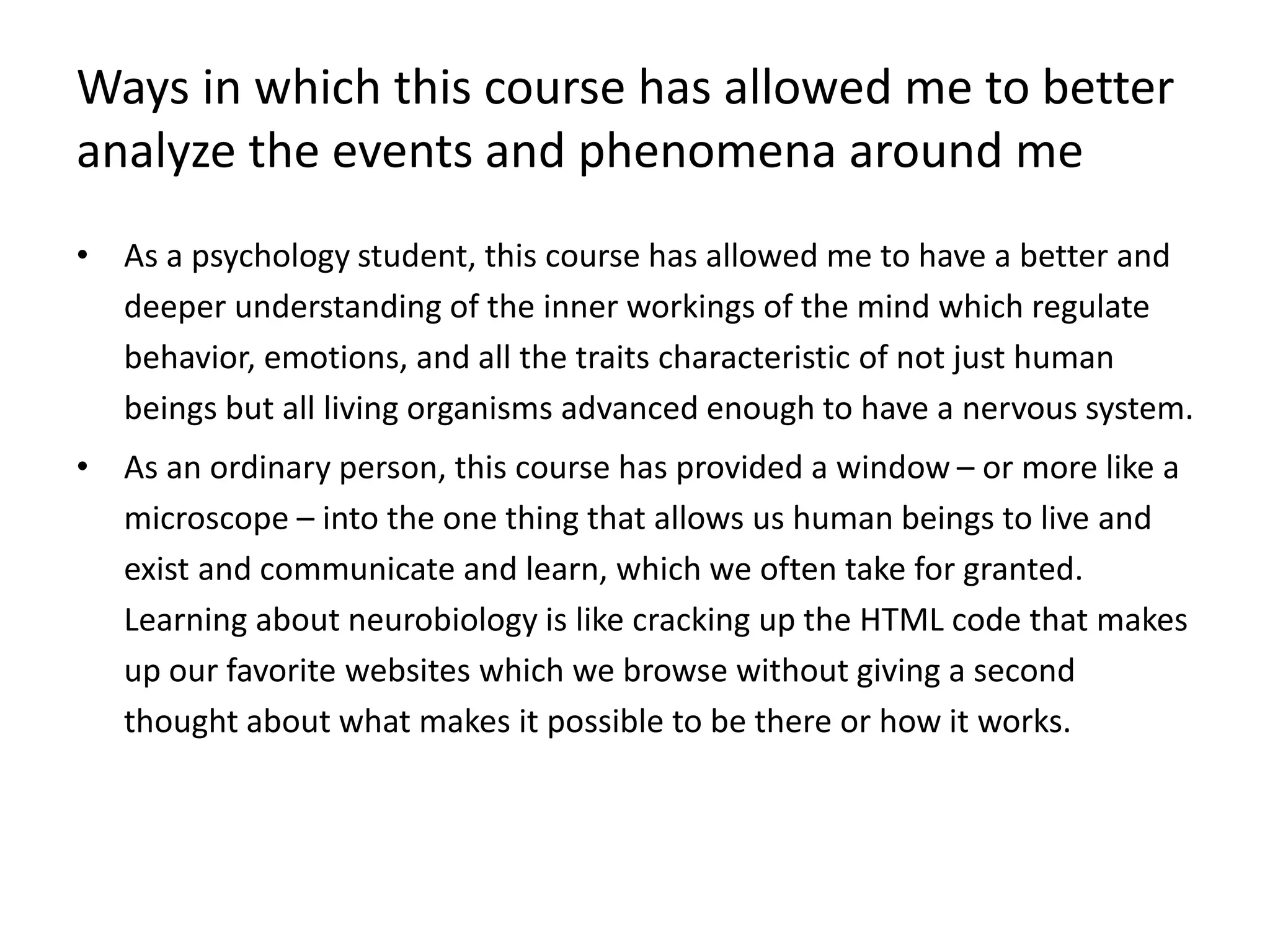 Understanding the Brain: The Neurobiology of Every Day Life, Final ...