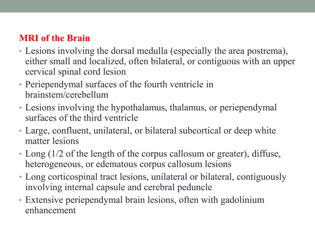 Neuromyelitis optica spectrum disorders | PPTX | Brain and Nervous System Disorders | Diseases ...