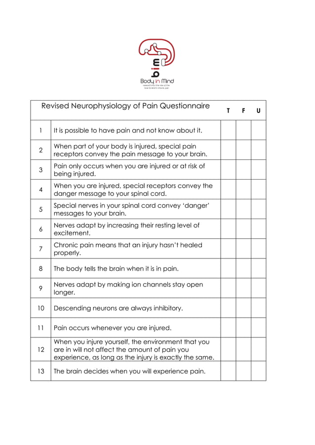 Neurophysiology Of Pain Questionnaire | PDF | Death, Injury, or ...