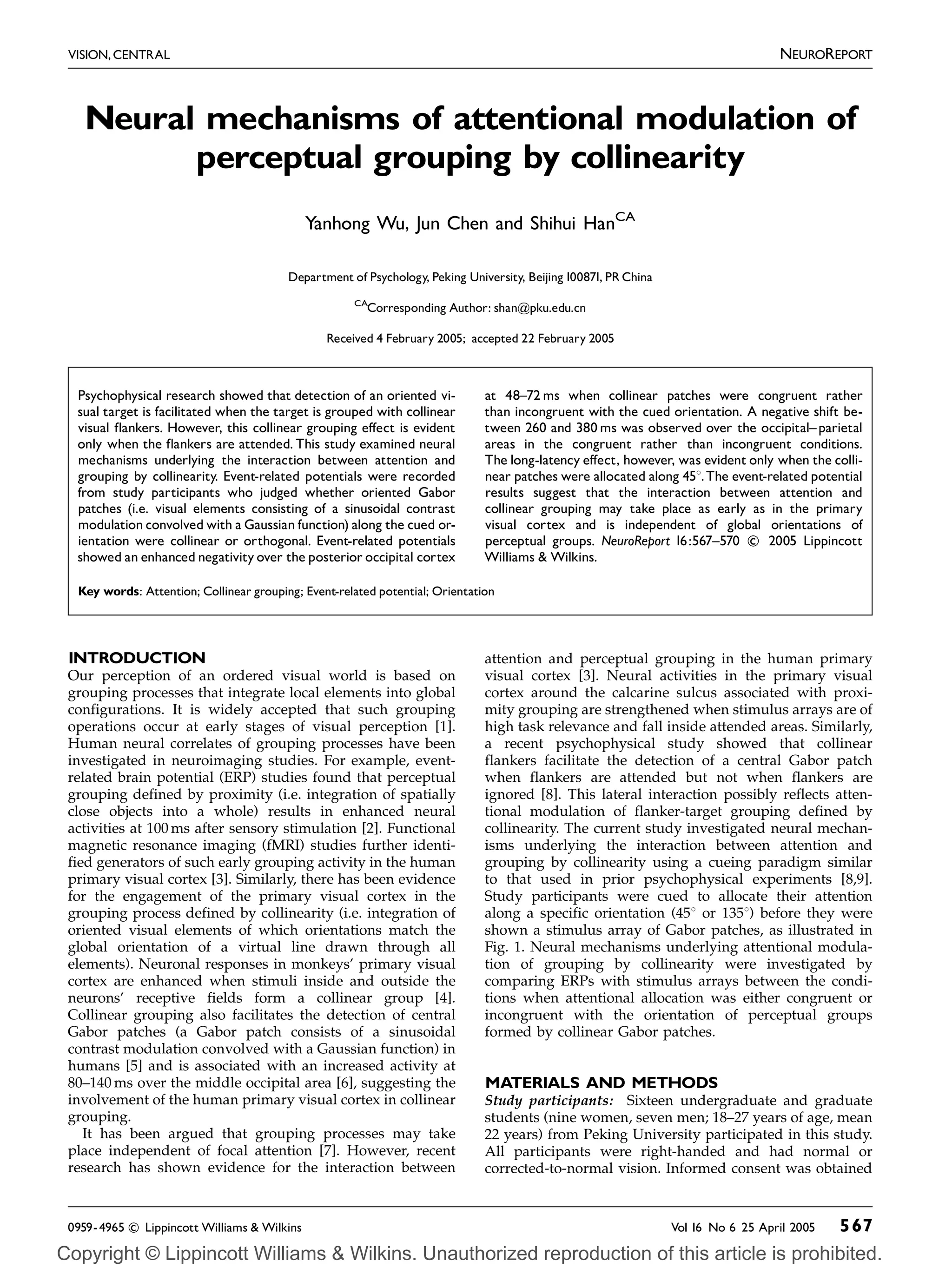 NeuroReport_Neural mechanisms of attentional modulation of perceptual grouping by collinearity | PDF