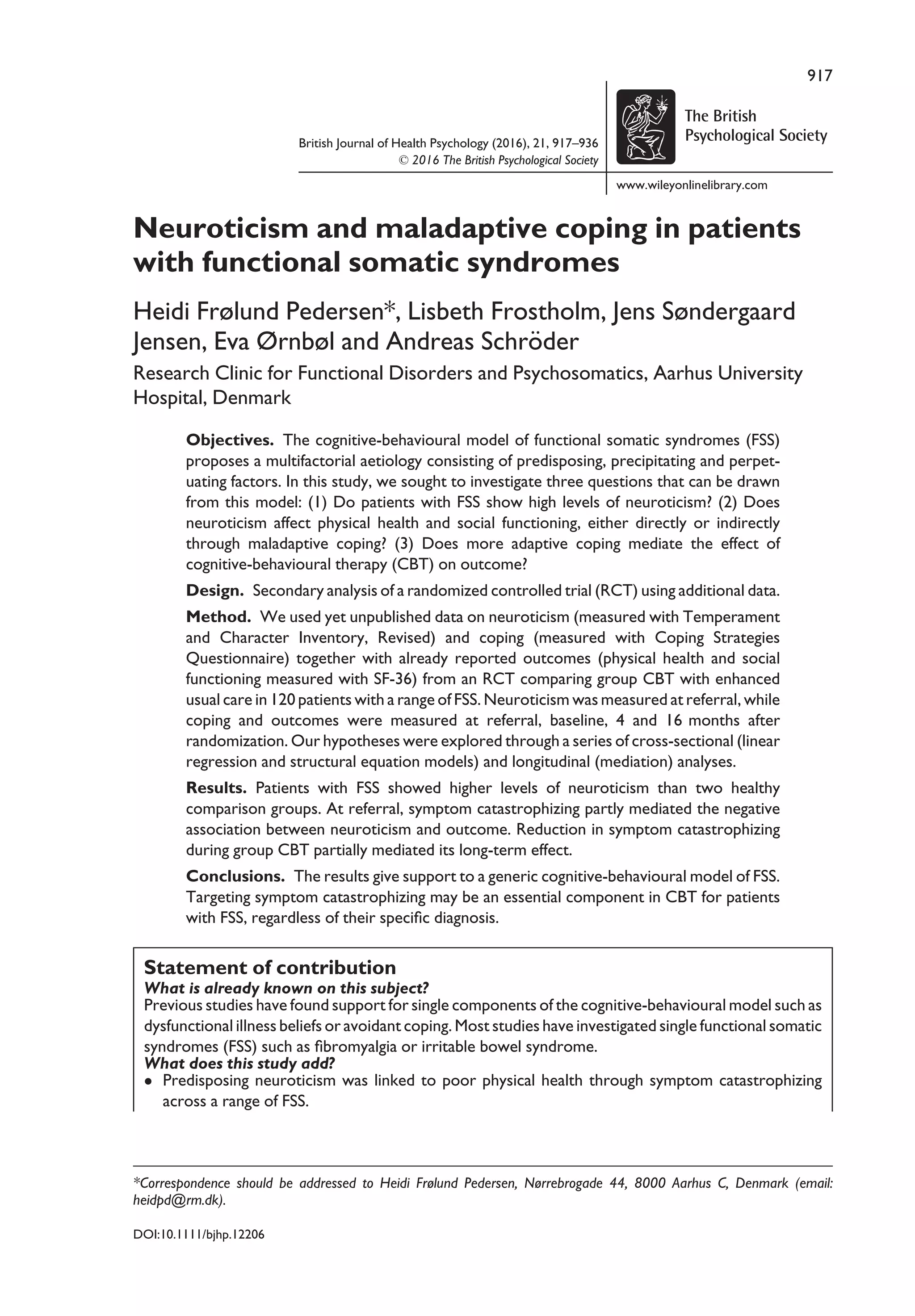 Neurotocism and maladaptive coping in patients with functional somatic ...