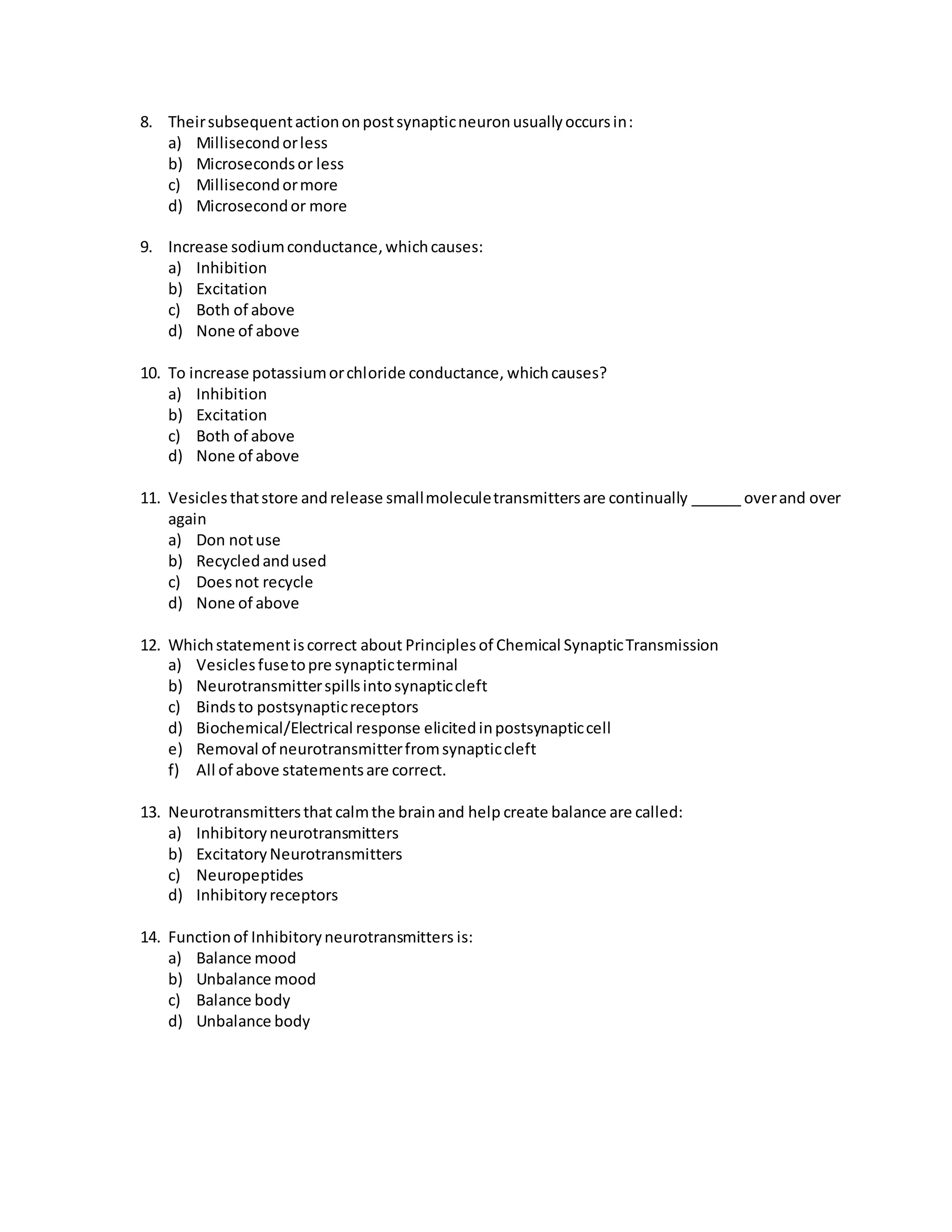 MCQs Neurotransmitters And Neuropeptides | DOCX