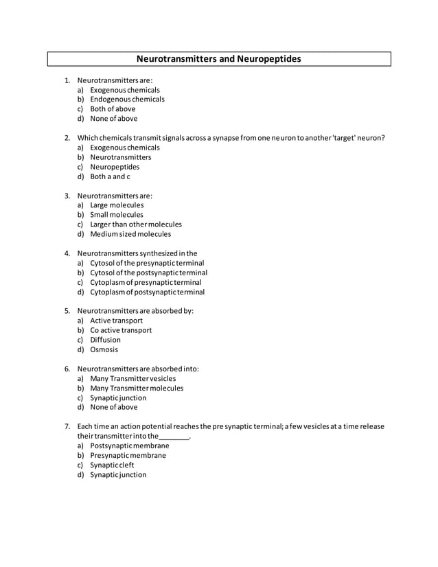 MCQs Neurotransmitters And Neuropeptides | DOCX