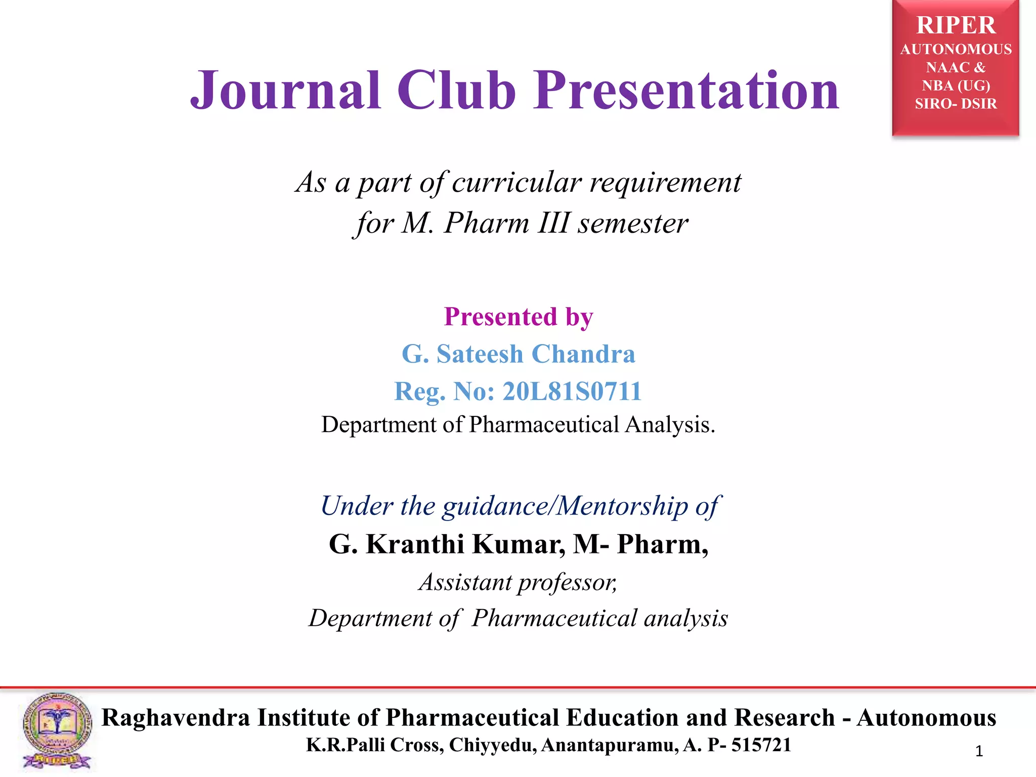 JOURNAL CLUB PRESENTATION (20L81S0711-PA) | PPTX