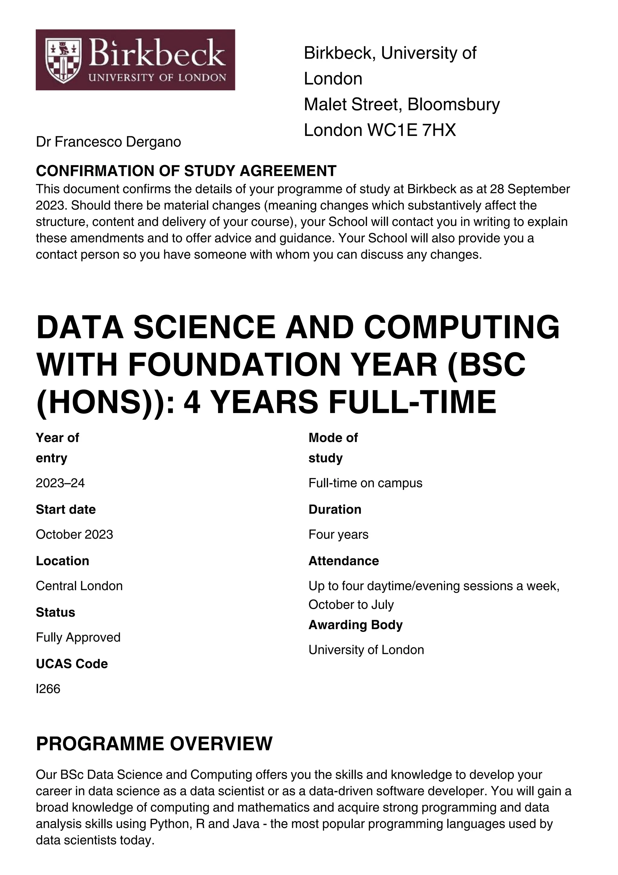 Birkbeck University of London Confirmation of Study Agreement | PDF