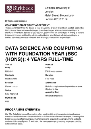 Birkbeck University of London Confirmation of Study Agreement | PDF