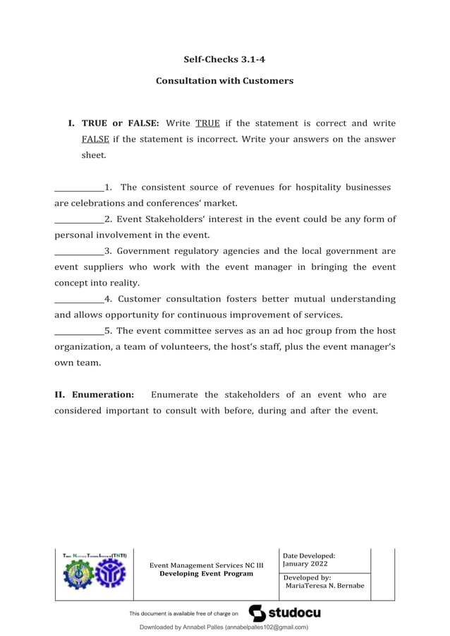 Module?cblm in Event management service c | DOCX | Educational Assessment | Education