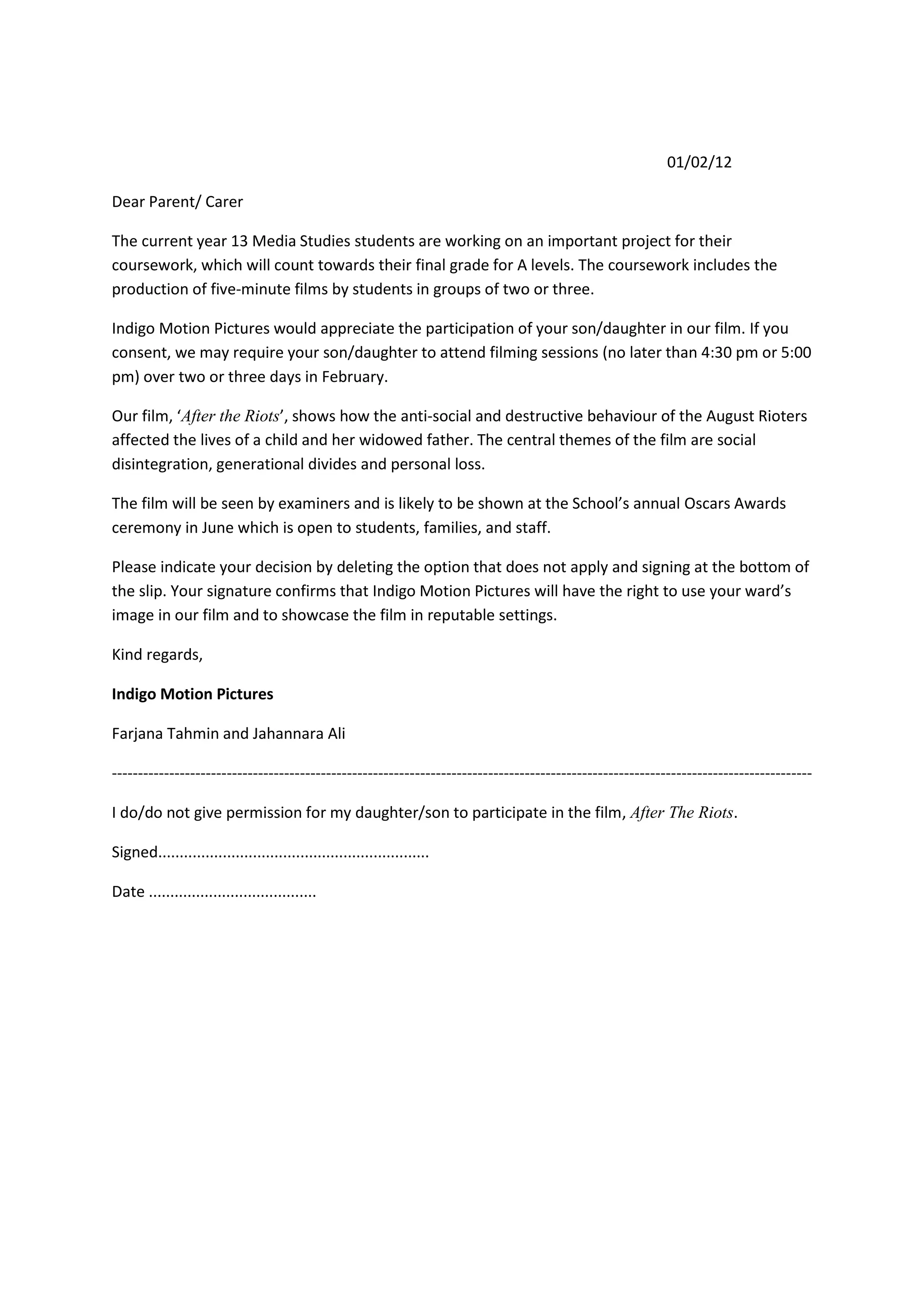 Consent form for young actors | DOCX