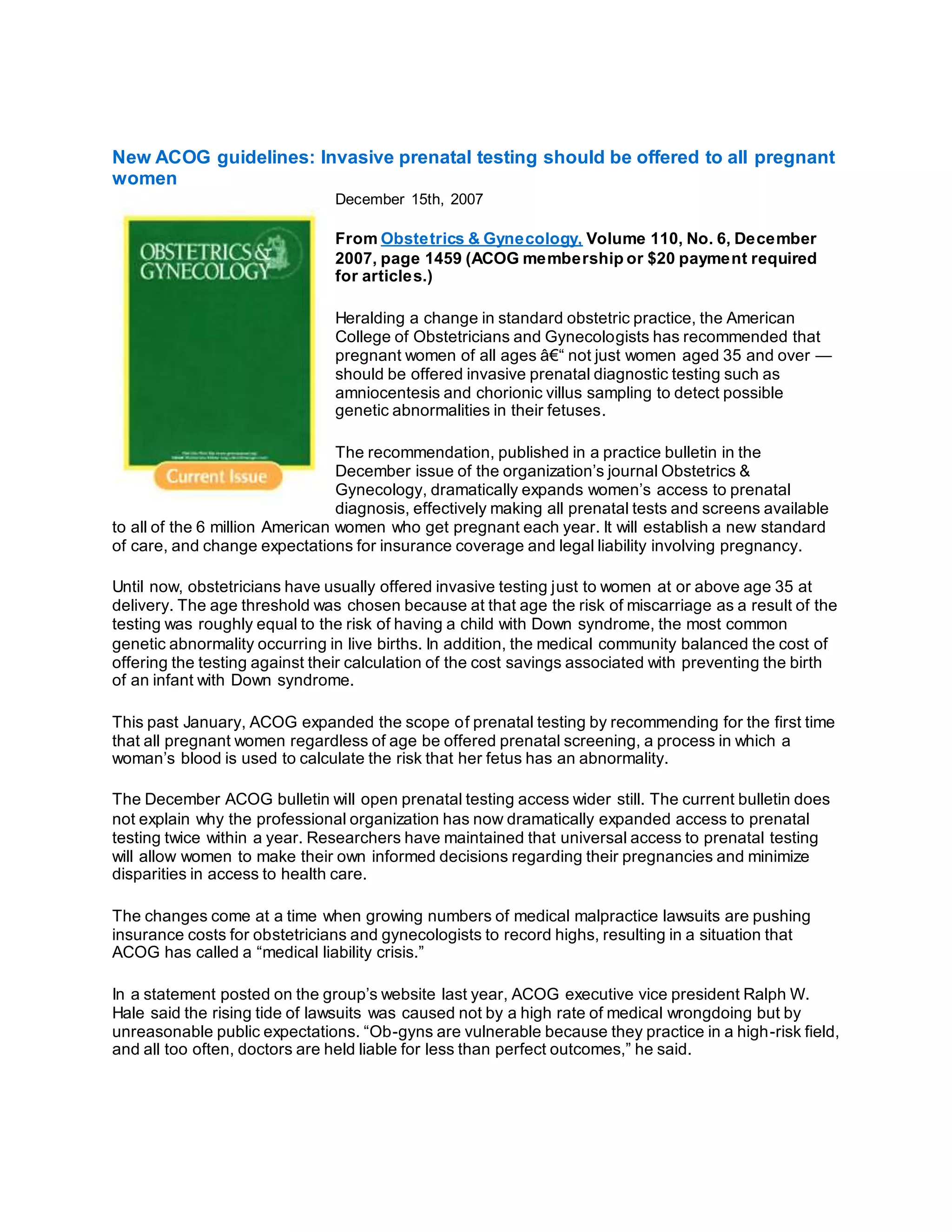 New acog guidelines prenatal testing | PDF New acog guidelines prenatal testing | PDF