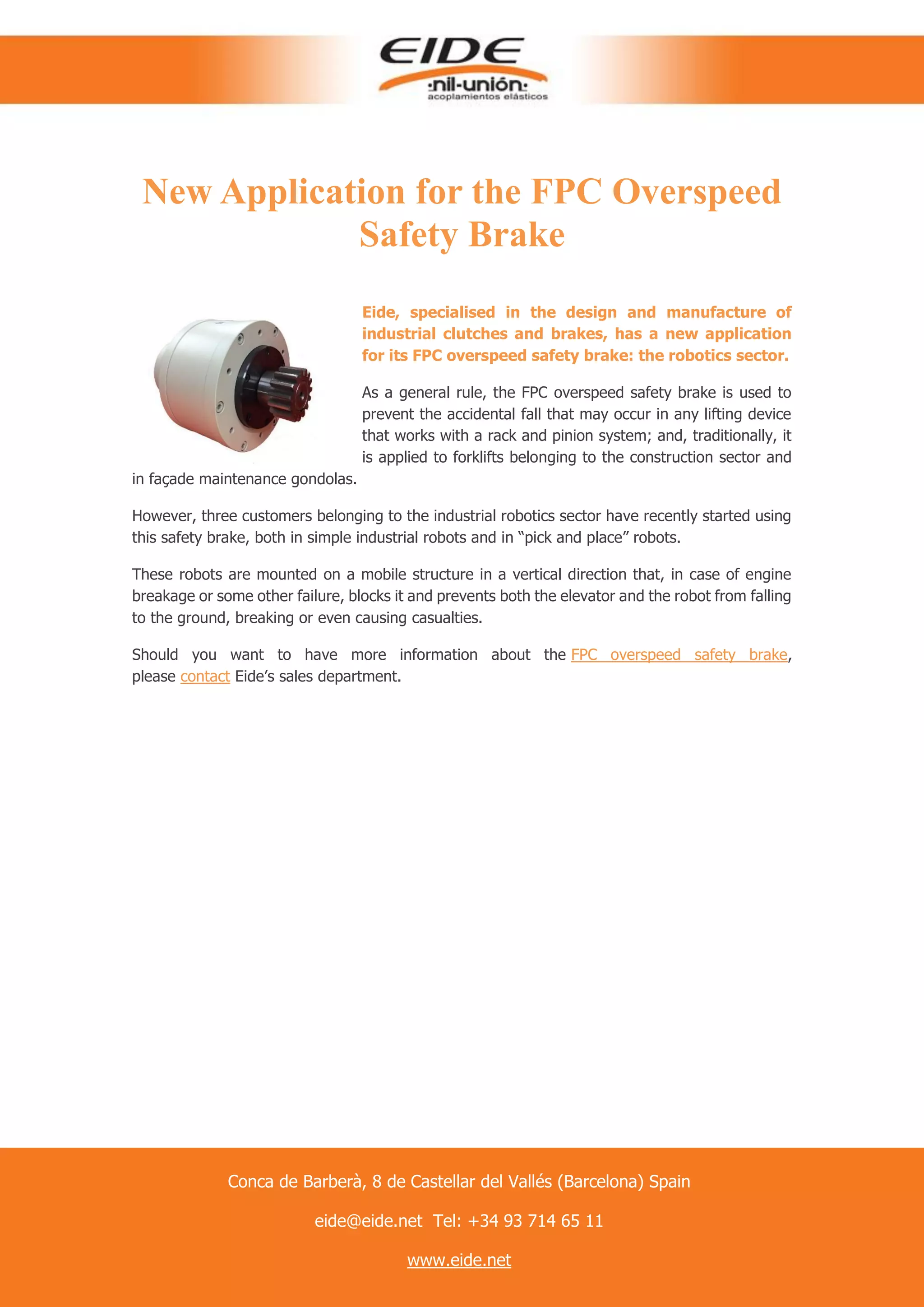 New Application for the FPC Overspeed Safety Brake | PDF | Robotics ...