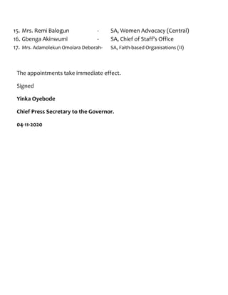 GOVERNOR FAYEMI APPROVES BOARD APPOINTMENTS, SAs, SSAs | PDF