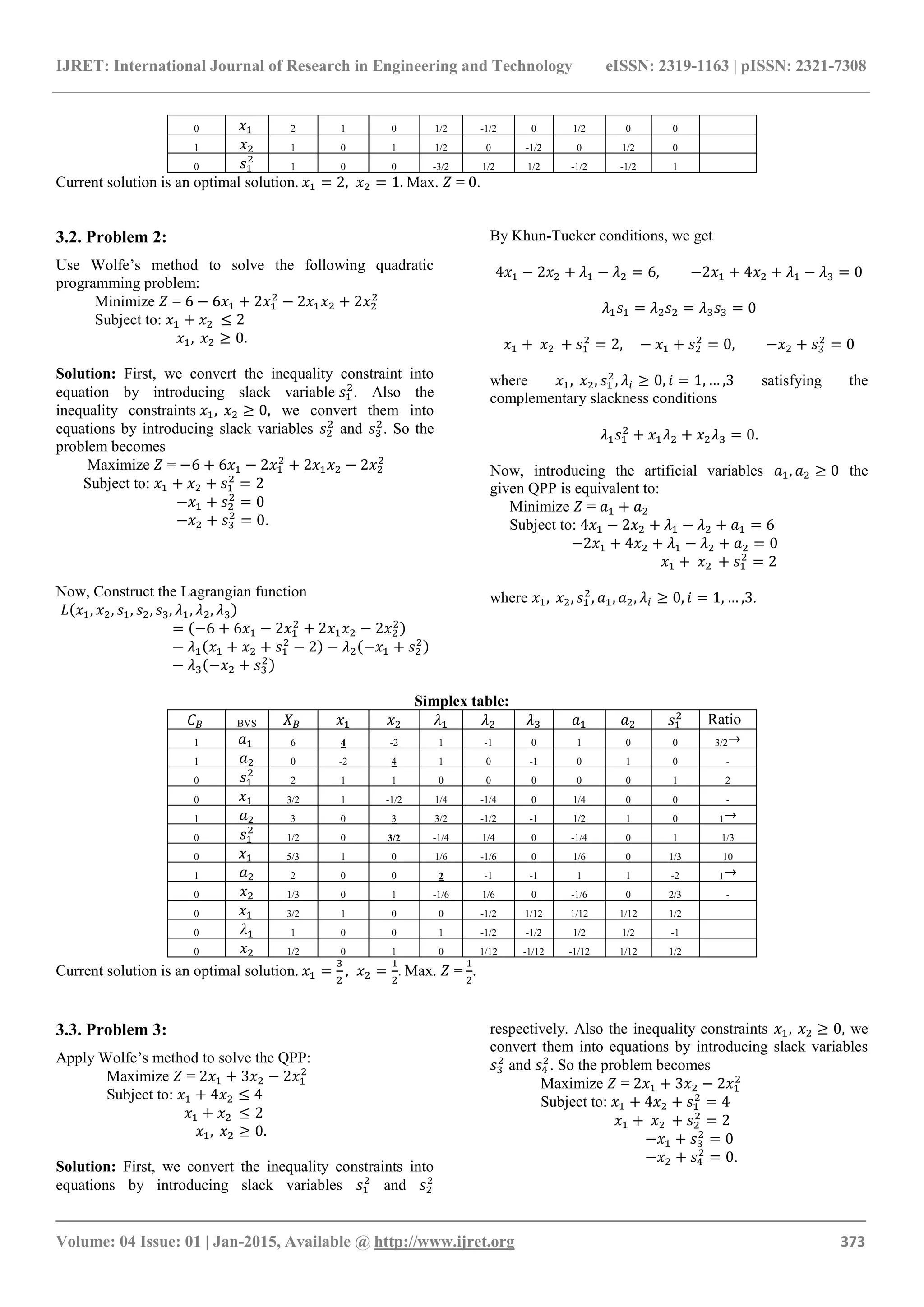 New approach for wolfe’s modified simplex method to solve quadratic ...