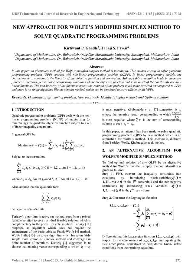 New approach for wolfe’s modified simplex method to solve quadratic programming problems | PDF