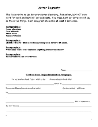 Newbery author biography and paragraph outlines | DOC