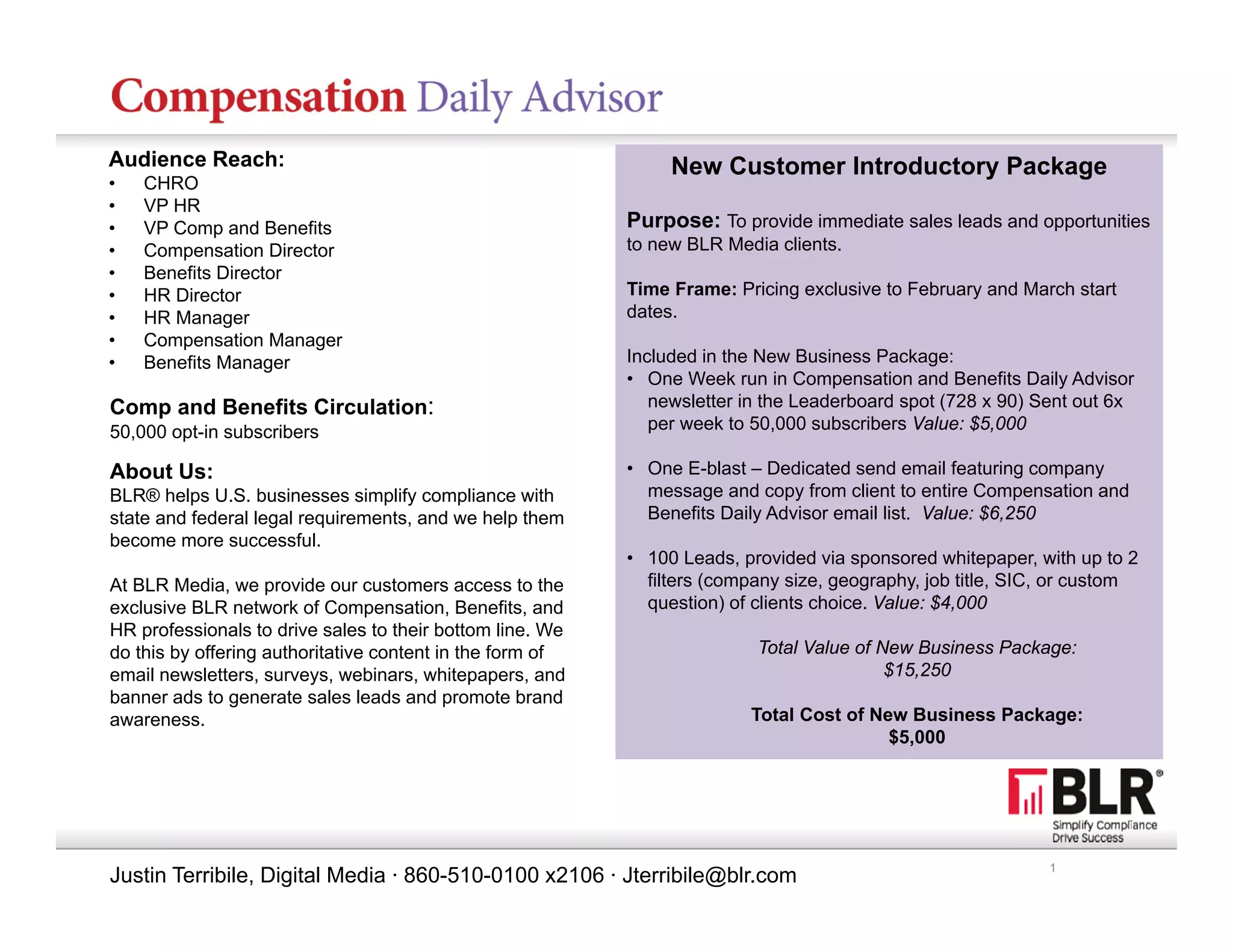 BLR Media Compensation Daily Advisor New advertiser package | PPT