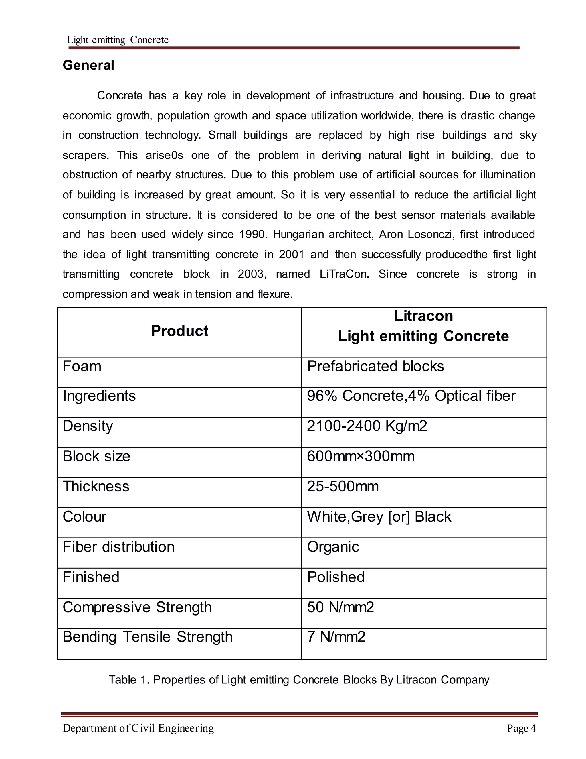 Light emitting concrete [OR] Translucent concrete | DOCX