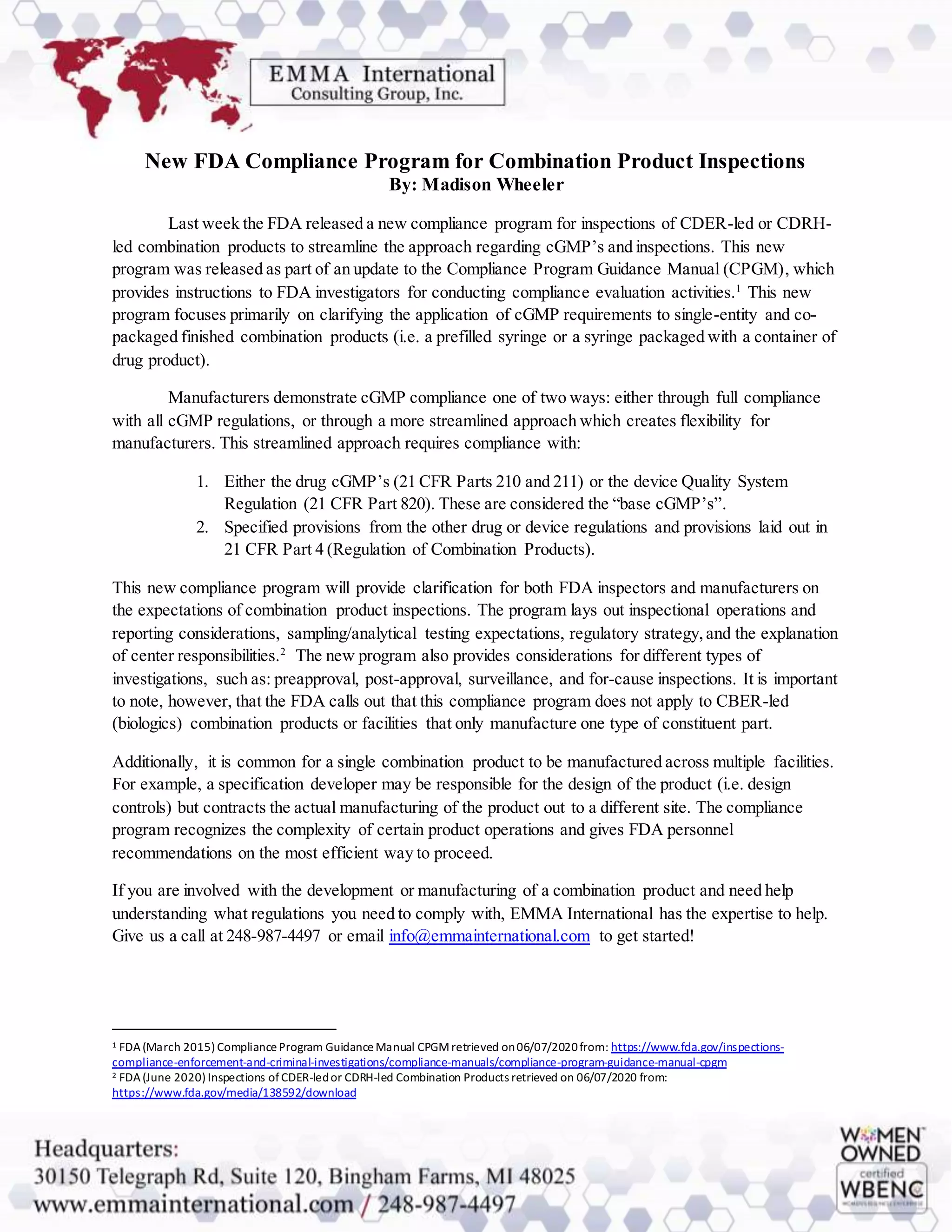New FDA Compliance Program for Combination Product Inspections | PDF
