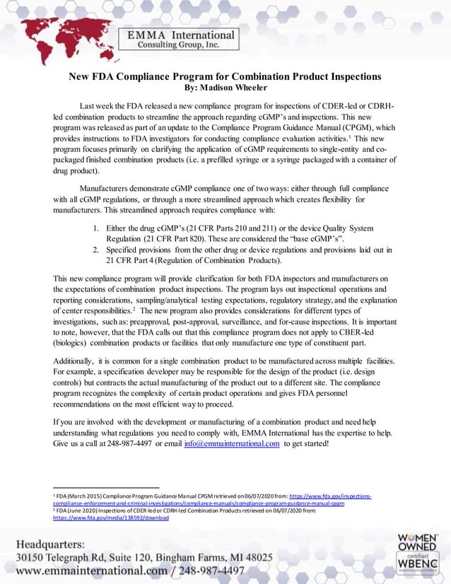 New FDA Compliance Program for Combination Product Inspections | PDF