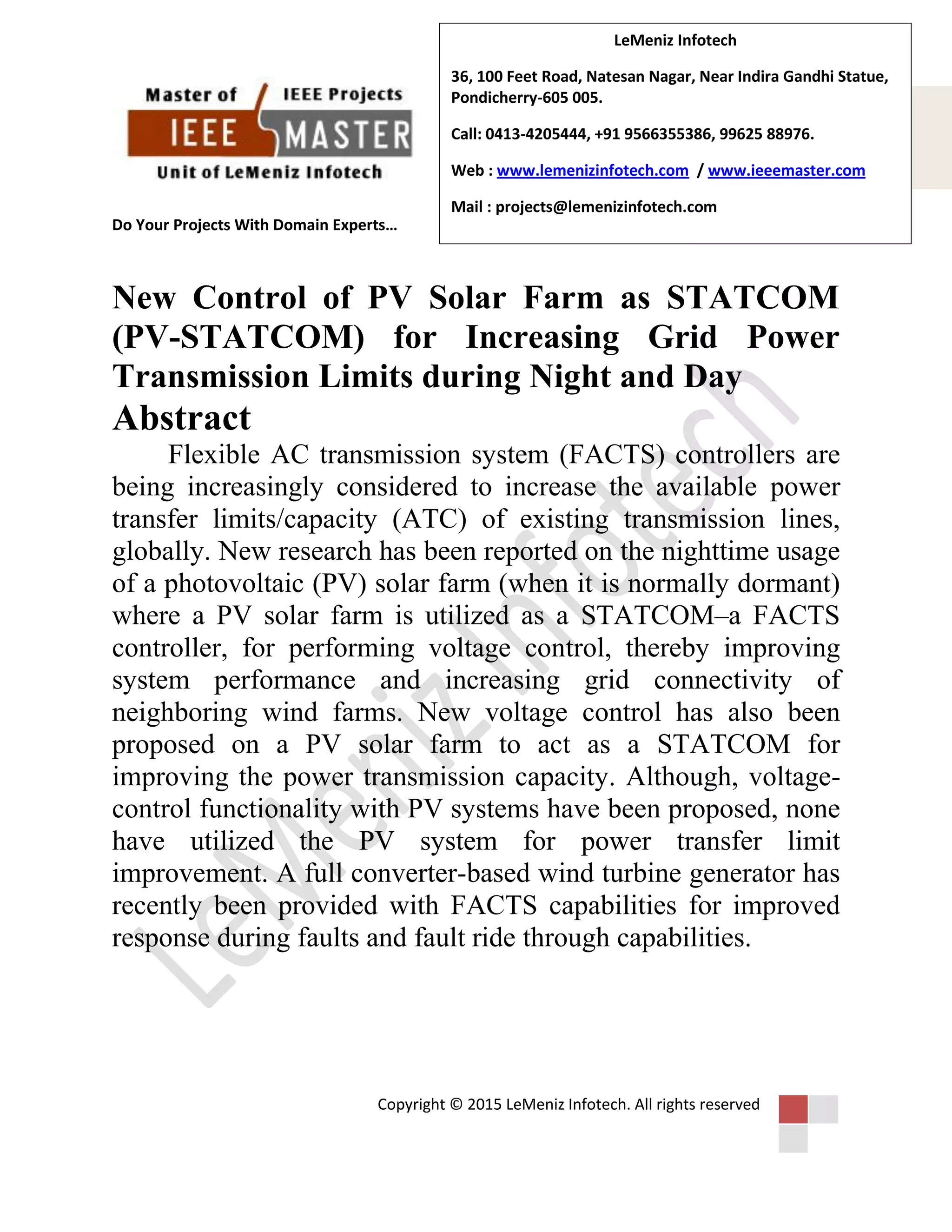 New Control Of Pv Solar Farm As Statcom Pv Statcom For Increasing
