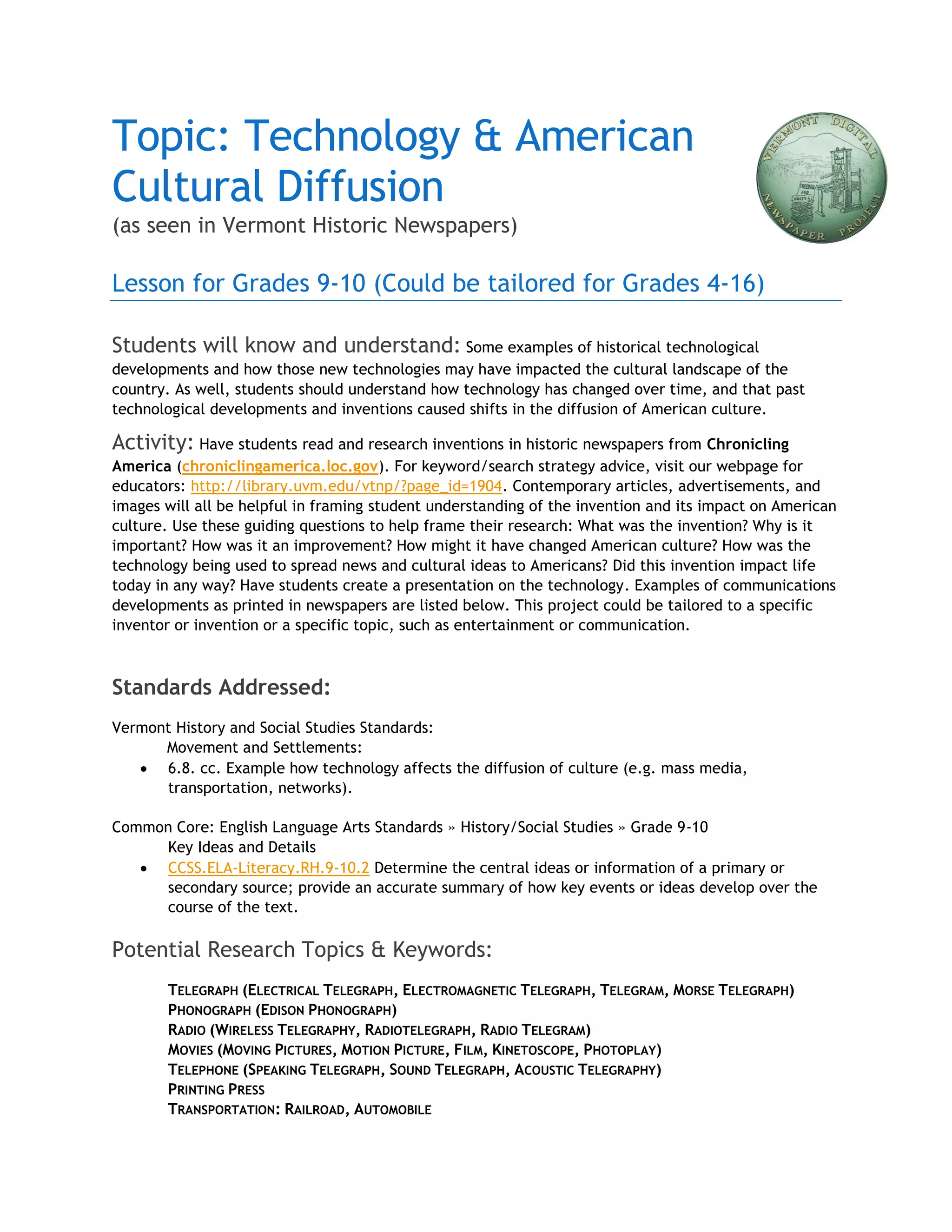 Topic: Technology & American Cultural Diffusion Lesson Plan | PDF