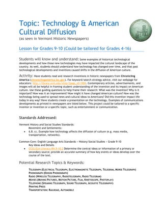 Topic: Technology & American Cultural Diffusion Lesson Plan | PDF