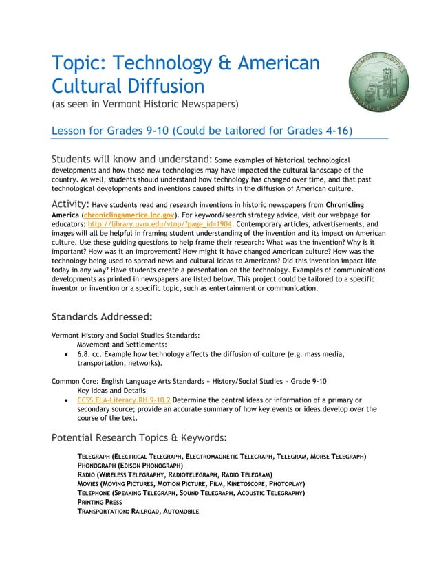 Topic: Technology & American Cultural Diffusion Lesson Plan | PDF