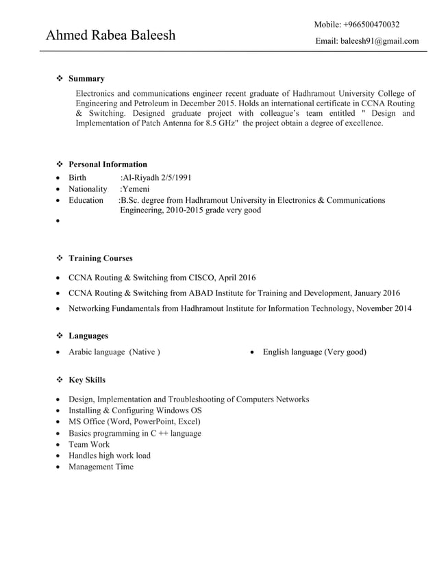 CV electronics and communications engineer + network associate | PDF