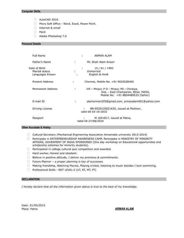 C_V (ARMAN ALAM) | RTF | Mechanical and Industrial Engineering Industry | Industries