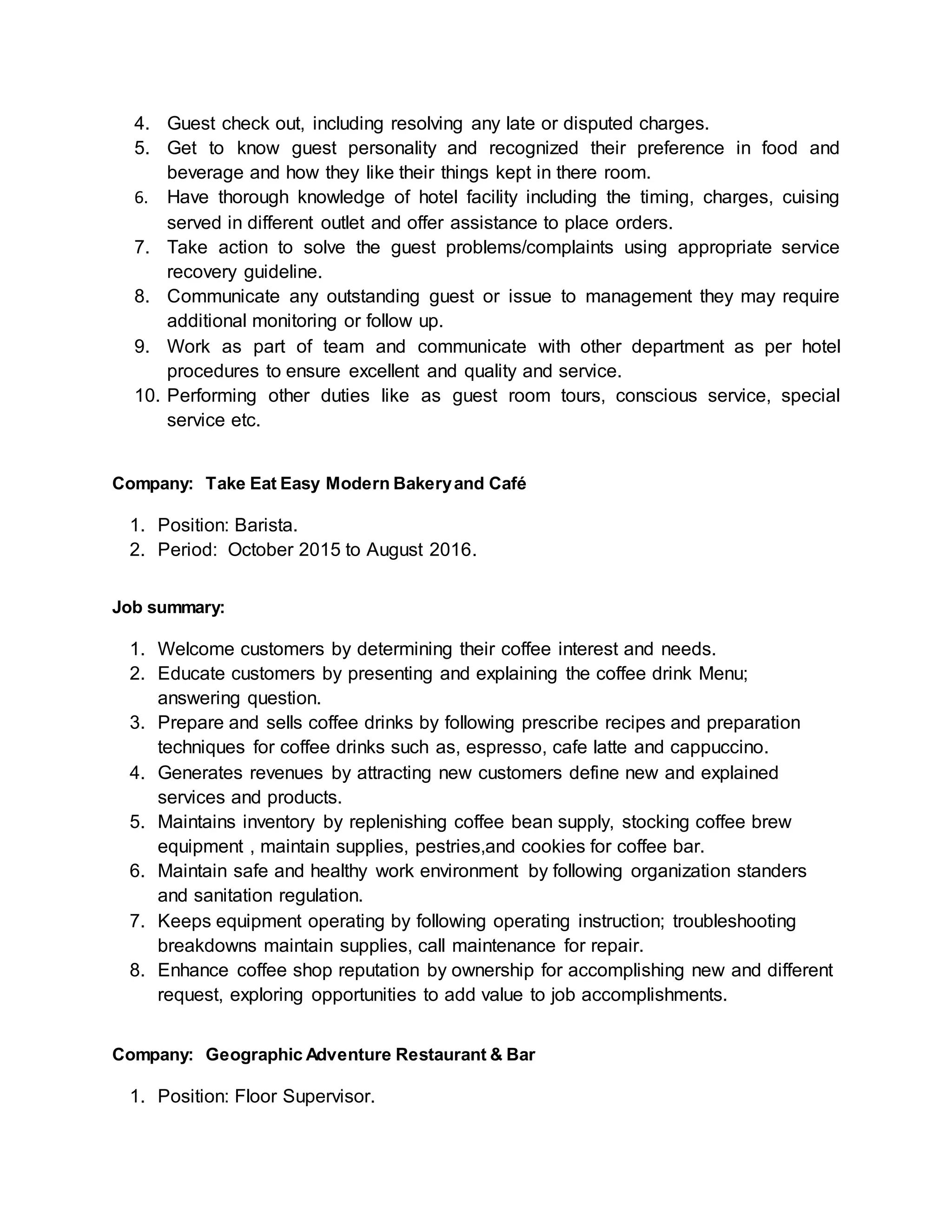 New cv sep 2018 | DOCX | Hotels and Motels | Travel Type