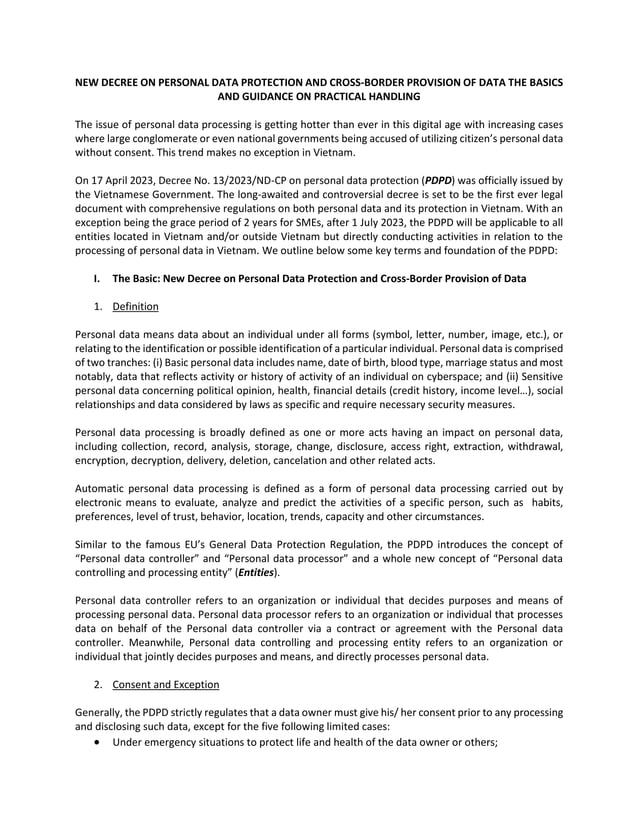 NEW DECREE ON PERSONAL DATA PROTECTION AND CROSS-BORDER PROVISION OF DATA THE BASICS AND ...