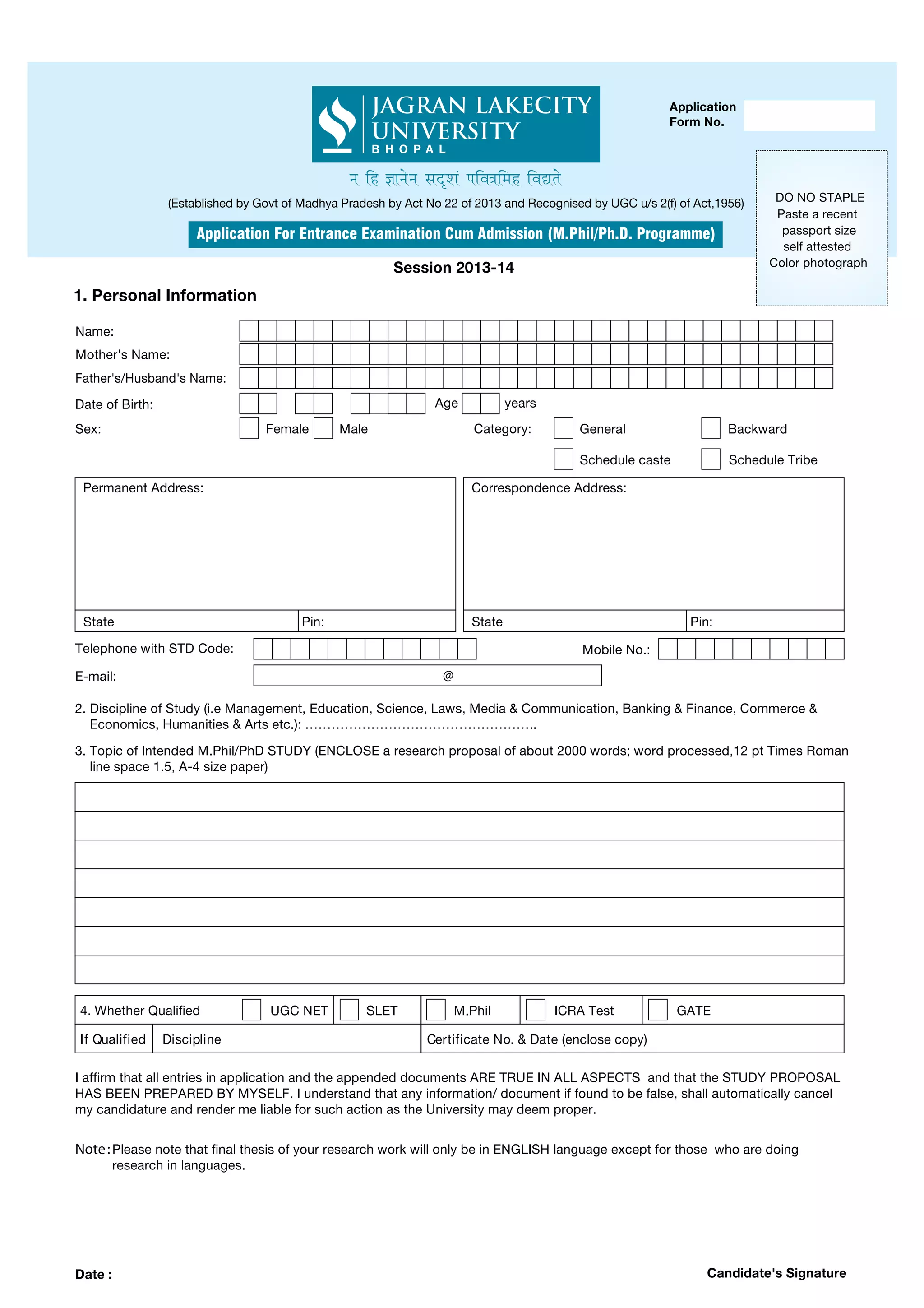 M.Phil/Ph.d Admission form | PDF