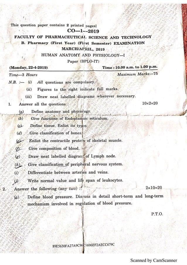 HUMAN ANATOMY AND PHYSIOLOGY 1 QUESTION PAPERS | PDF