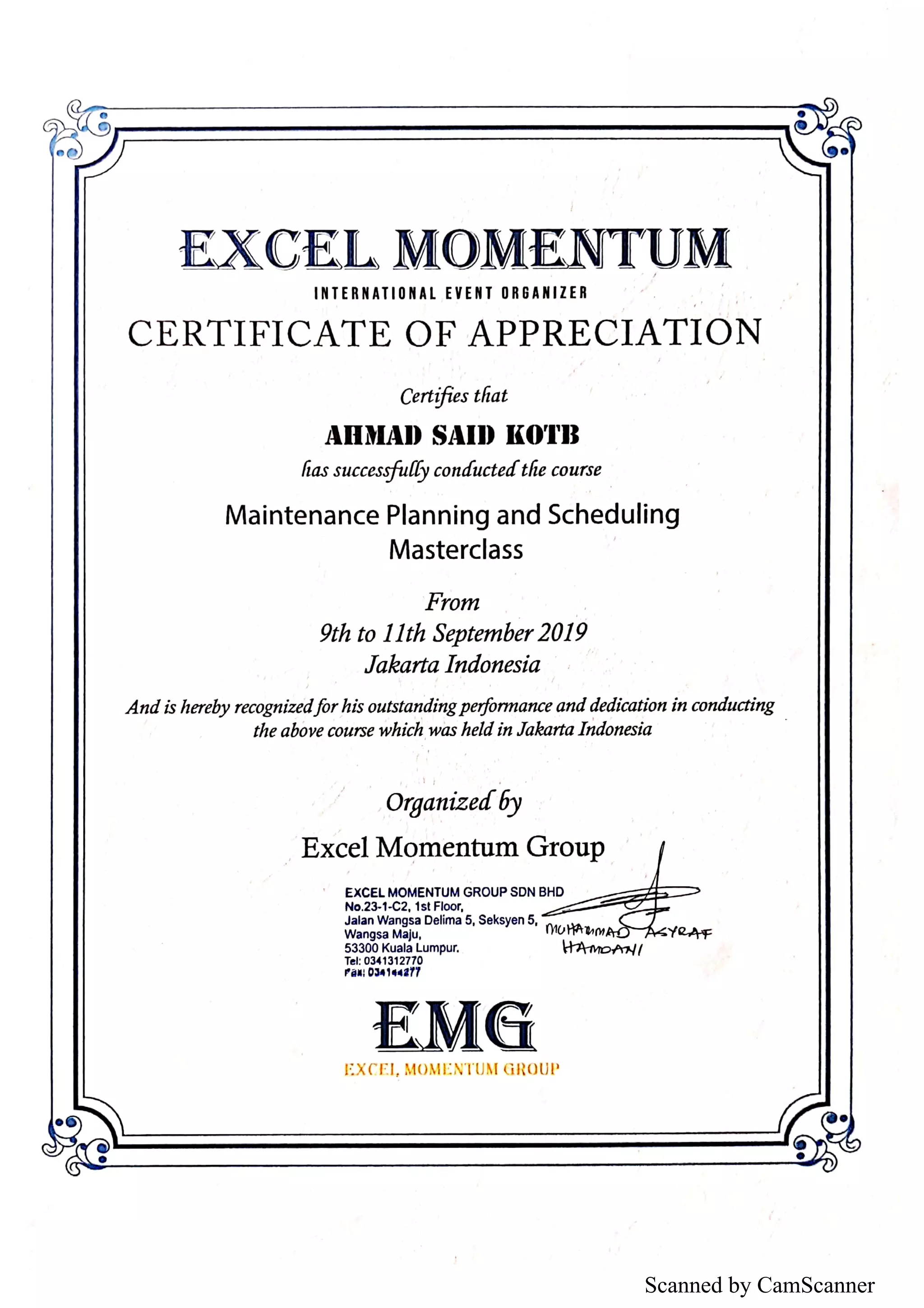 Certificate of Appreciation for Conducting "Maintenance Planning and Scheduling" course - Ahmed ...