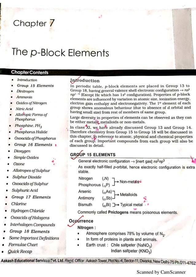 Akash Institute P-Block Elements Notes Class 12 JEE Mains and Advanced