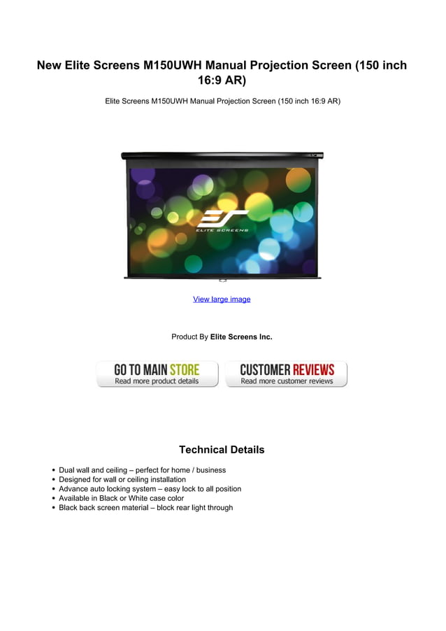 New elite screens m150 uwh manual projection screen 150 inch 169 ar | PDF