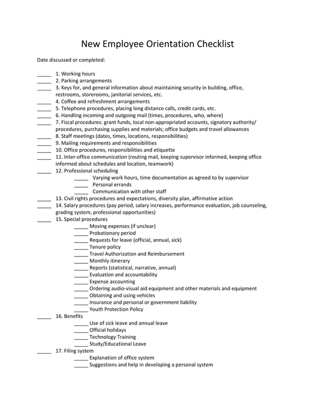 New employee orientation checklist | DOC